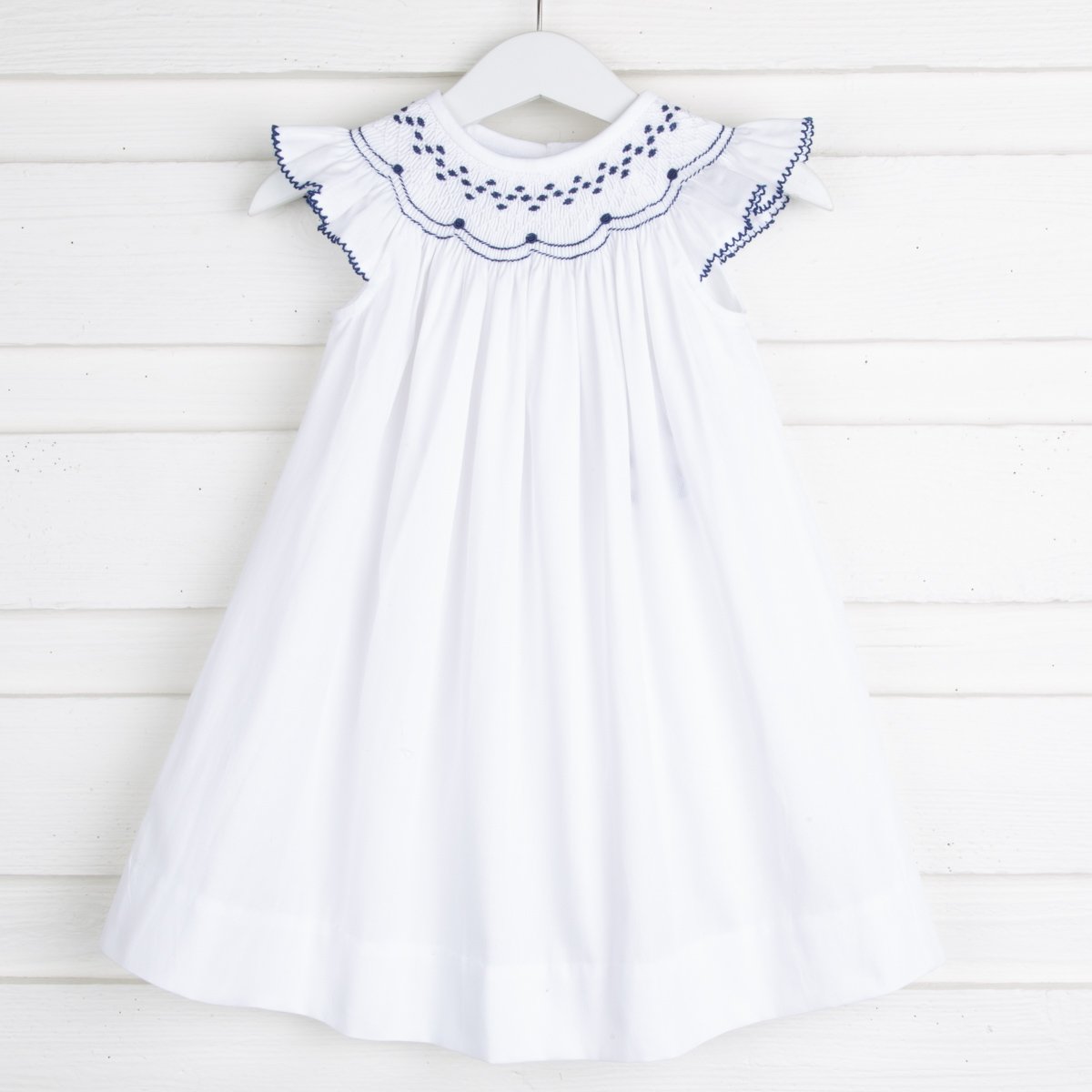 Navy and White Geometric Smocked Dress White Pique – Classic Whimsy