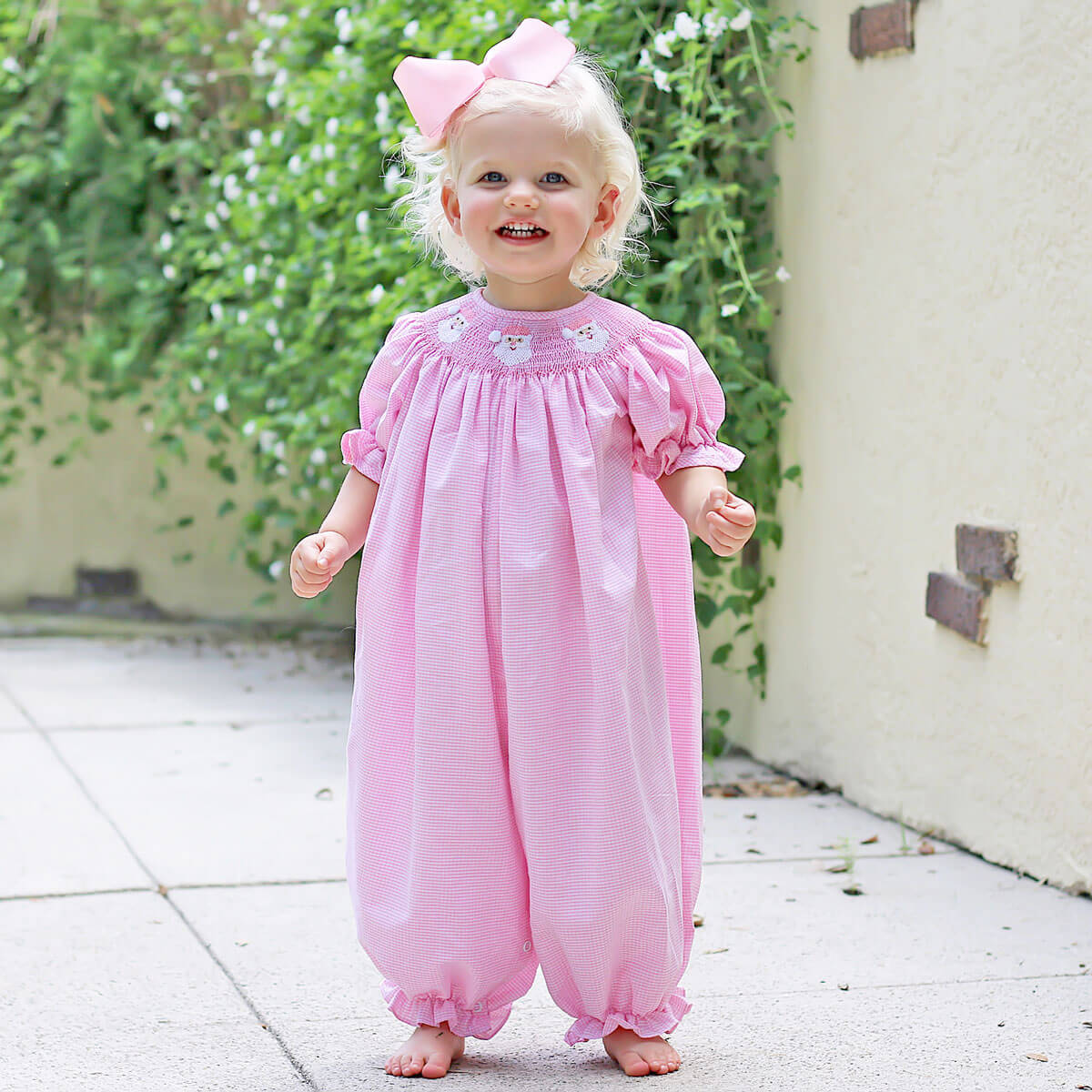 Pink Santa Smocked Long Bubble – Classic Whimsy