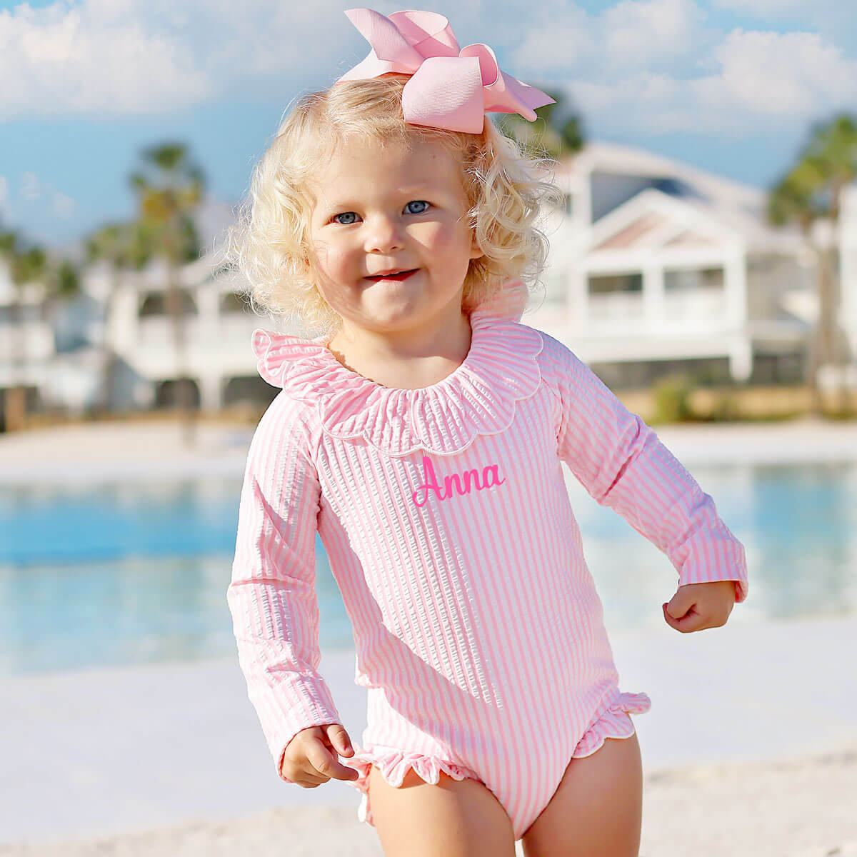 Pink Stripe Long Sleeve Girls Swimsuit – Classic Whimsy