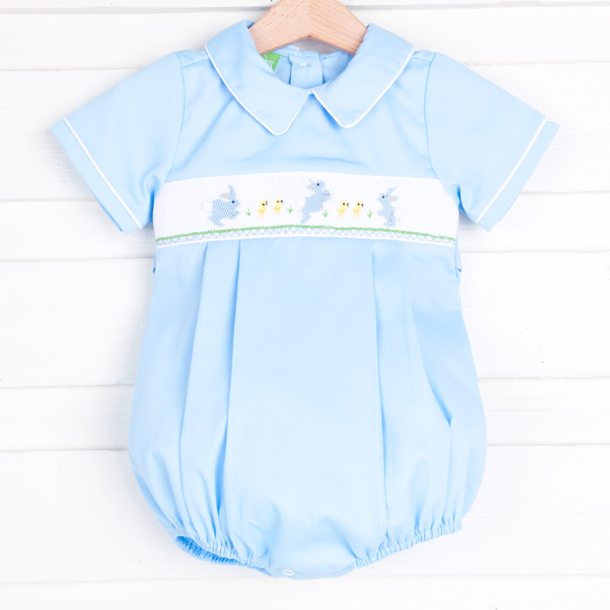 Easter Smocked Collared Boy Bubble Blue Pique – Classic Whimsy